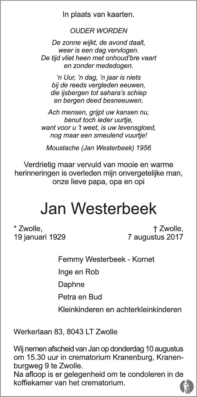 Jan Westerbeek 07-08-2017 overlijdensbericht en condoleances ...