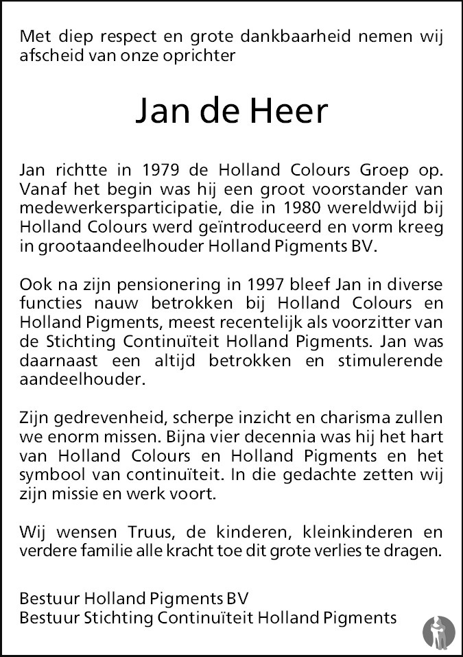 Johannes Marinus (Jan) de Heer 09-08-2017 overlijdensbericht en ...