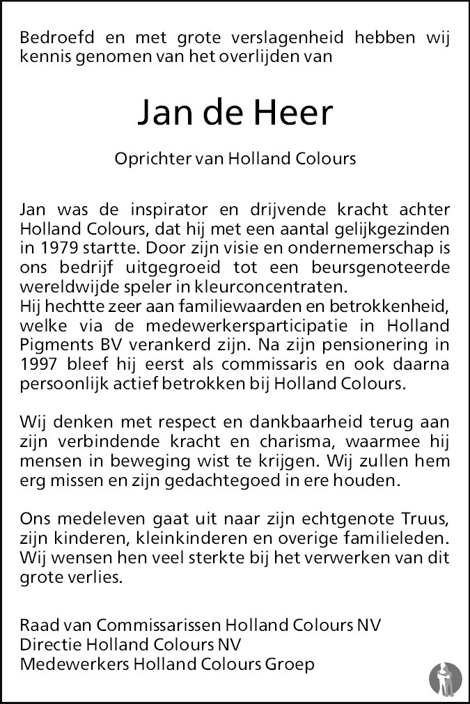 Johannes Marinus (Jan) de Heer 09-08-2017 overlijdensbericht en ...