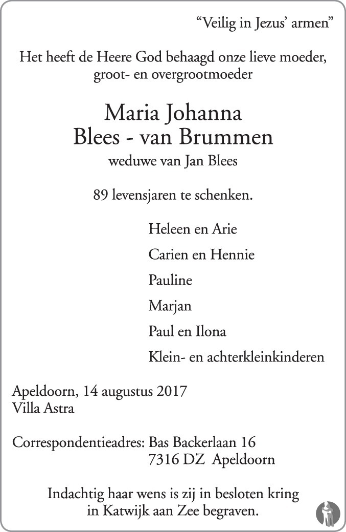 Maria Johanna Blees - van Brummen 14-08-2017 overlijdensbericht en ...