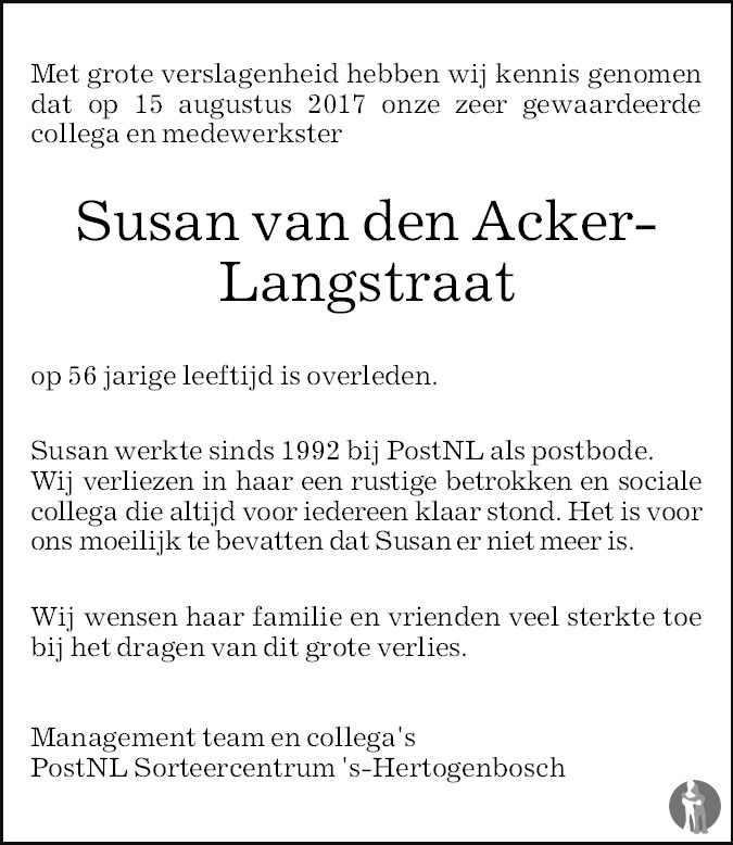 Susan van den Acker - Langstraat 15-08-2017 overlijdensbericht en ...