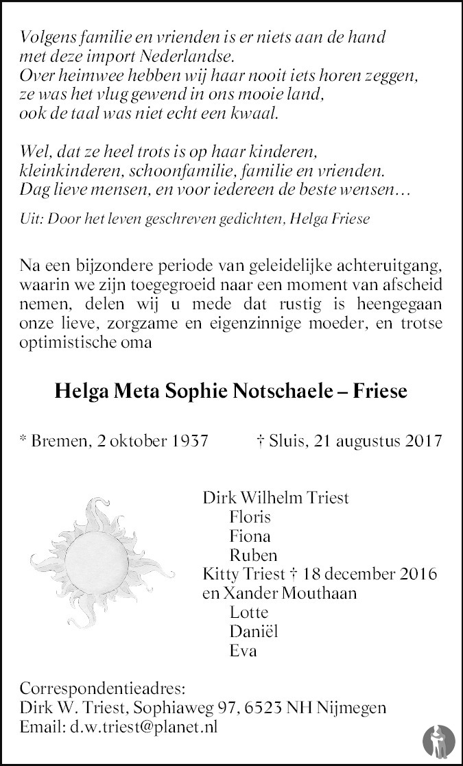 Helga Meta Sophie Notschaele - Friese 21-08-2017 overlijdensbericht en ...