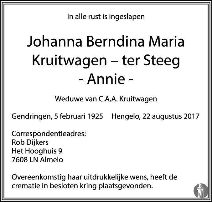 Johanna Berndina Maria (Annie) Kruitwagen - ter Steeg 22-08-2017 ...