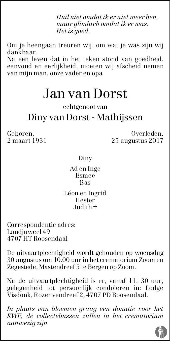 Jan van Dorst 25-08-2017 overlijdensbericht en condoleances - Mensenlinq.nl