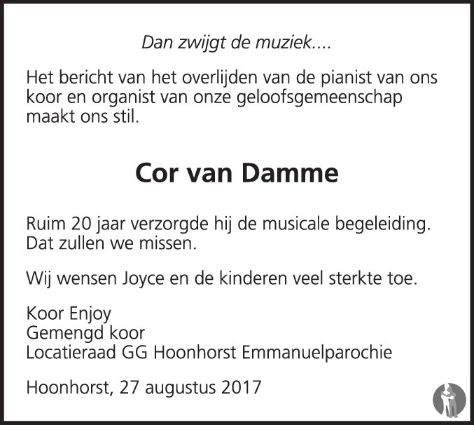 Cor van Damme 27-08-2017 overlijdensbericht en condoleances - Mensenlinq.nl