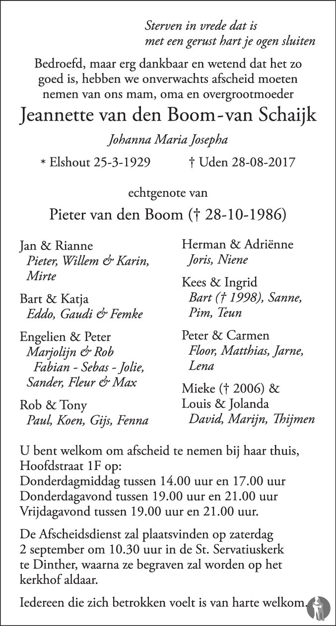 Johanna Maria Josepha (Jeannette) van den Boom - van Schaijk 28-08-2017 overlijdensbericht en ...