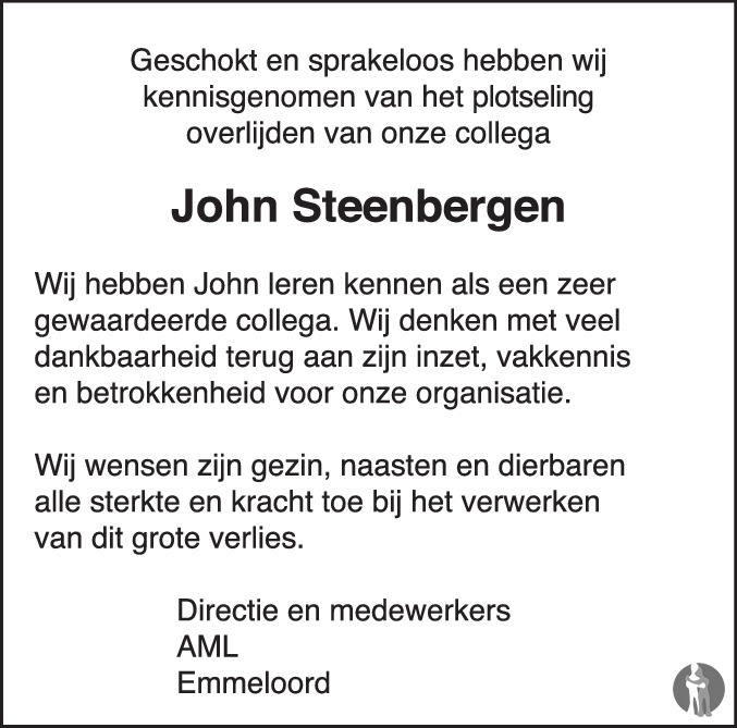 John Steenbergen 03-09-2017 overlijdensbericht en condoleances ...