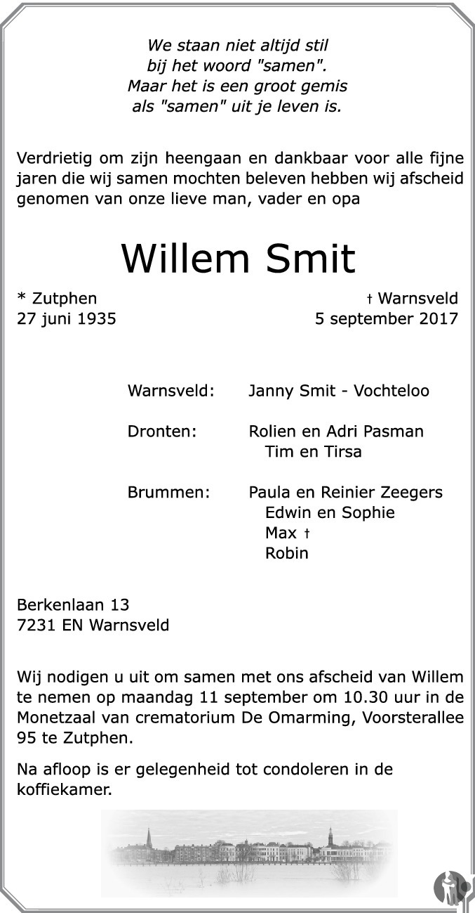 Willem Smit 05-09-2017 overlijdensbericht en condoleances - Mensenlinq.nl