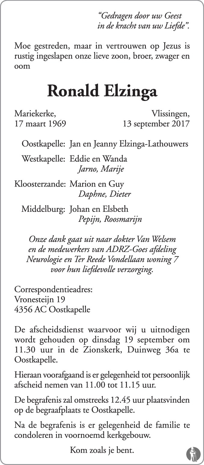 Ronald Elzinga 13-09-2017 overlijdensbericht en condoleances - Mensenlinq.nl