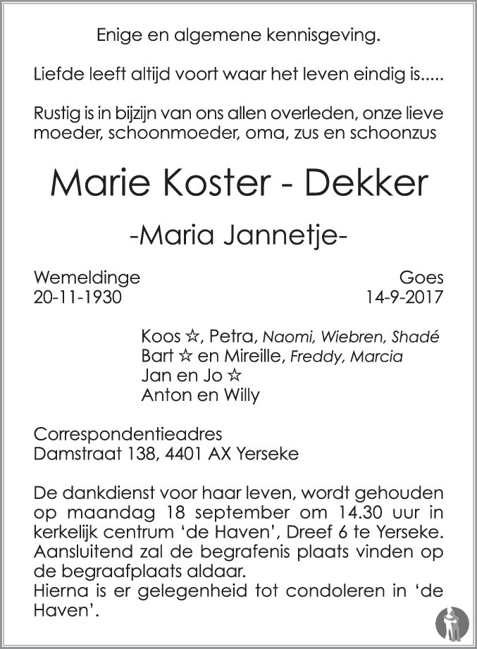 Maria Jannetje (Marie) Koster - Dekker 14-09-2017 overlijdensbericht en ...