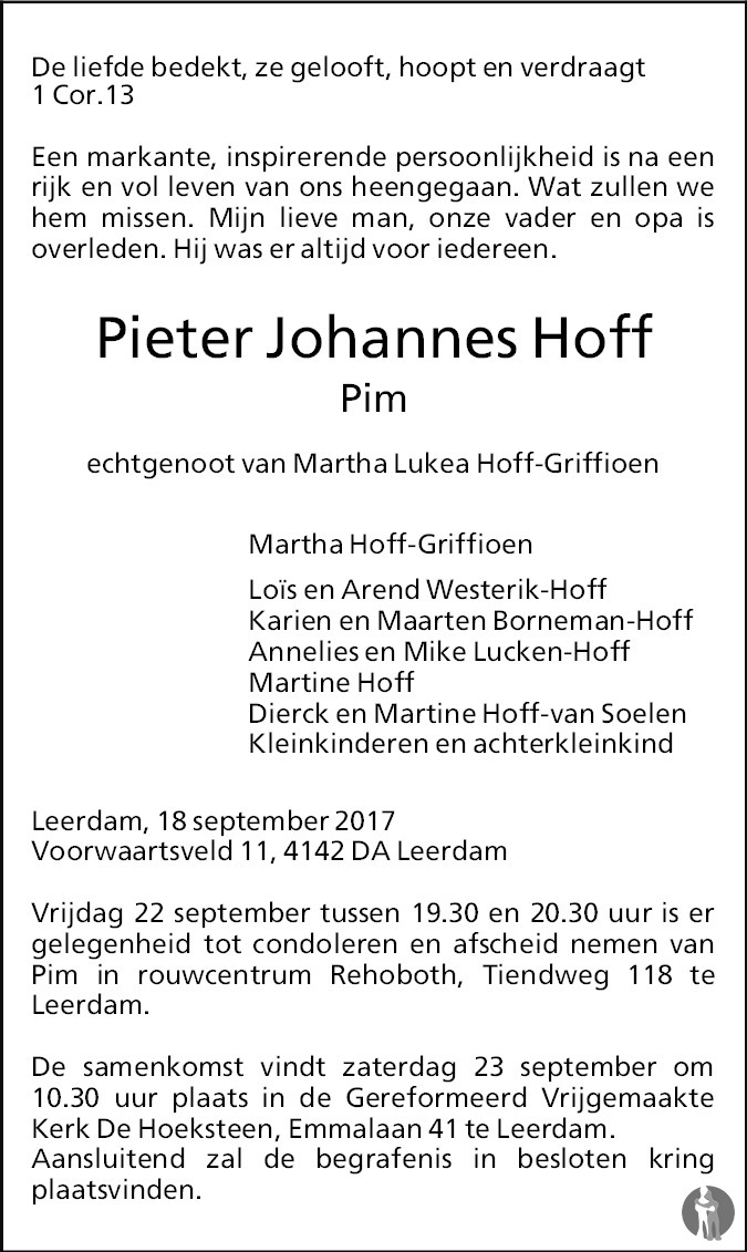 Pieter Johannes (Pim) Hoff 18-09-2017 overlijdensbericht en ...