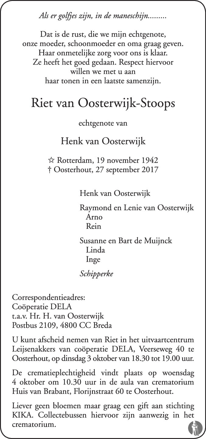 Riet van Oosterwijk - Stoops 27-09-2017 overlijdensbericht en ...