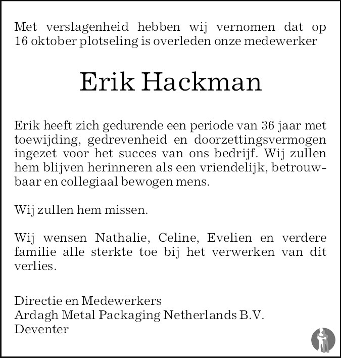 Erik Hackman 16-10-2017 overlijdensbericht en condoleances - Mensenlinq.nl