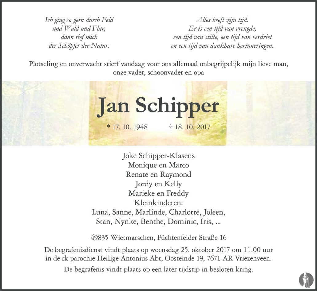 Jan Schipper 18-10-2017 overlijdensbericht en condoleances - Mensenlinq.nl