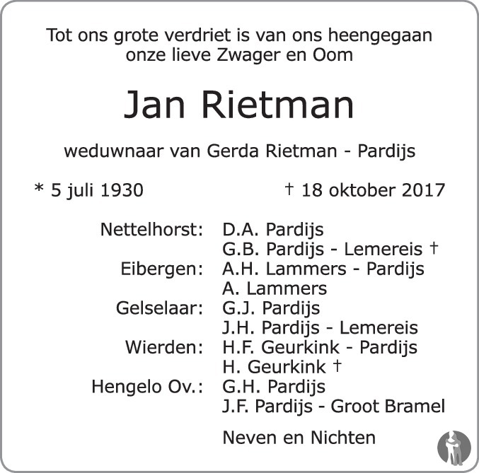 Jan Rietman 18-10-2017 overlijdensbericht en condoleances - Mensenlinq.nl