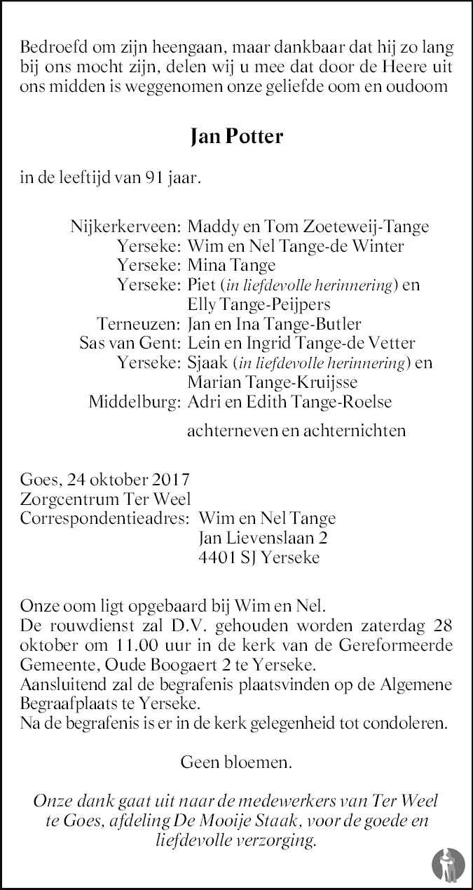 Jan Potter 24-10-2017 overlijdensbericht en condoleances - Mensenlinq.nl
