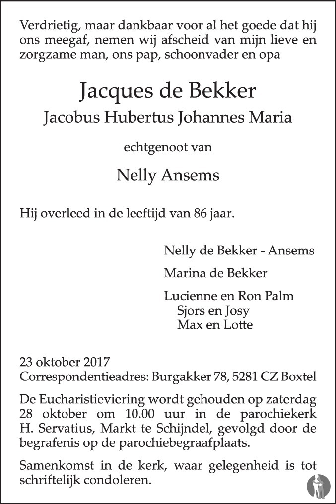Jacobus Hubertus Johannes Maria (Jacques) de Bekker 23-10-2017 ...