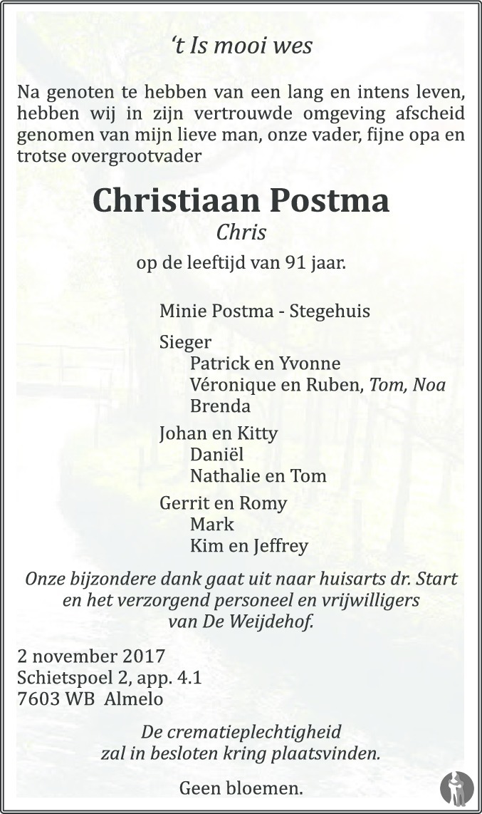 Christiaan (Chris) Postma 02-11-2017 overlijdensbericht en condoleances ...