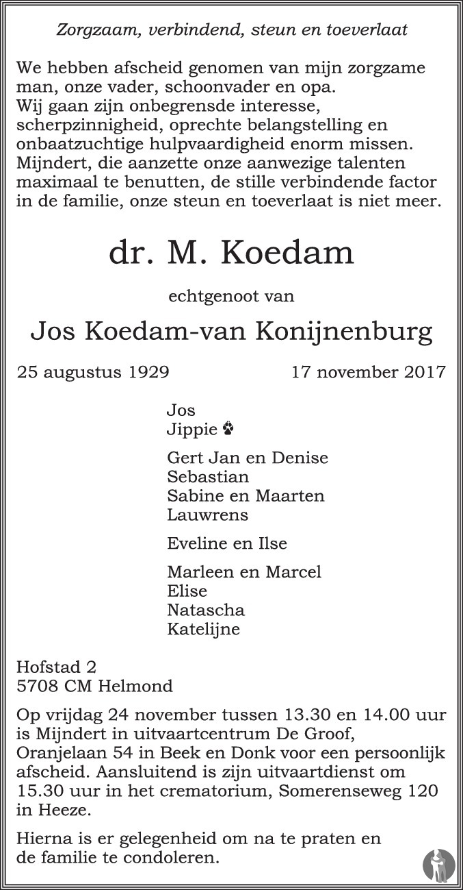 dr. M. Koedam 17-11-2017 overlijdensbericht en condoleances - Mensenlinq.nl
