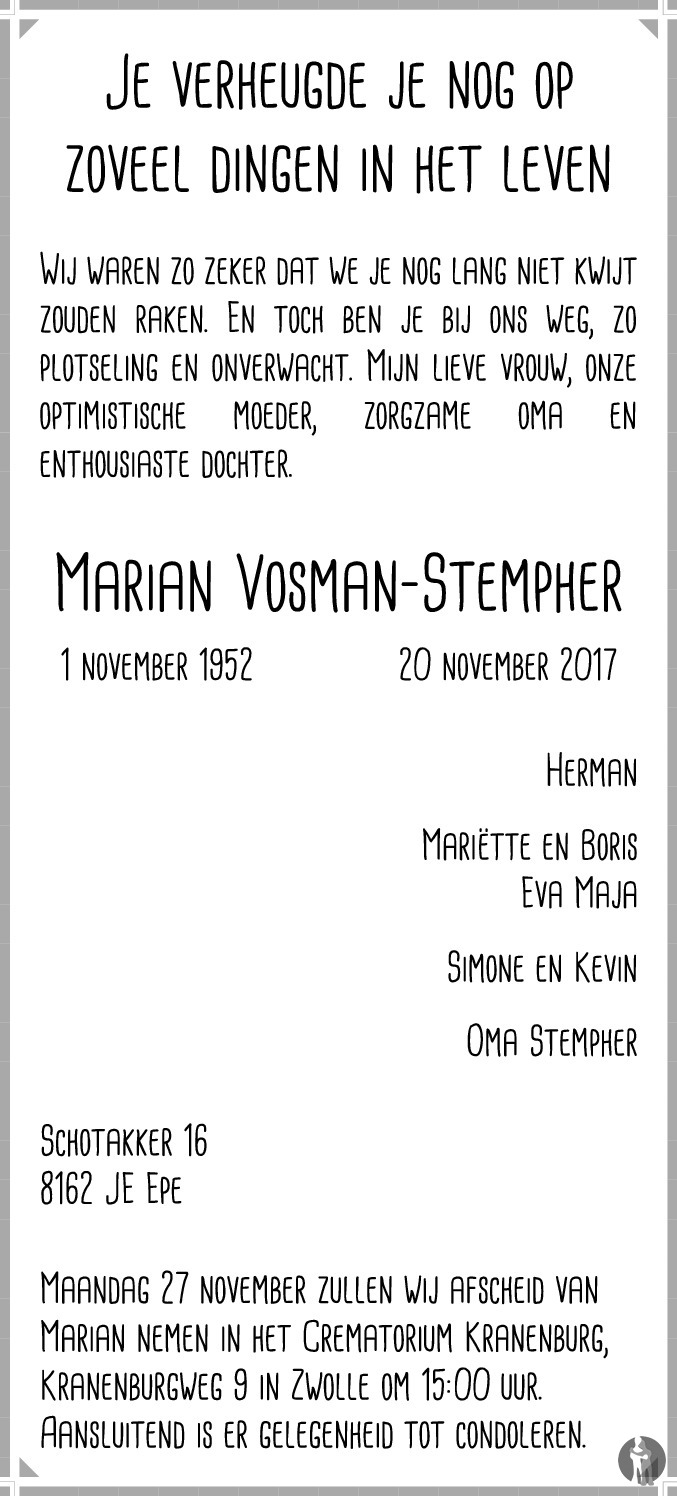 Marian Vosman - Stempher 22-11-2017 overlijdensbericht en condoleances ...