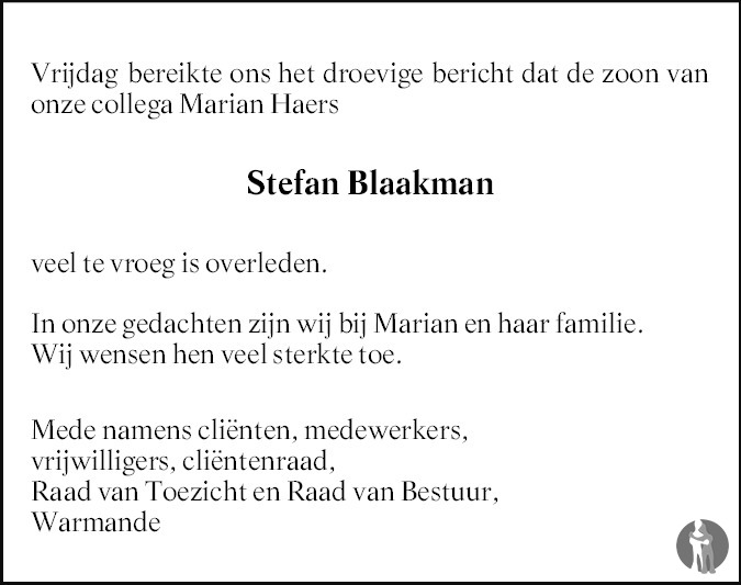 Stefan Blaakman 23-11-2017 overlijdensbericht en condoleances ...