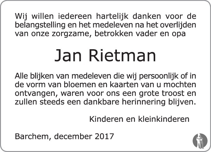 Jan Rietman 18-10-2017 overlijdensbericht en condoleances - Mensenlinq.nl