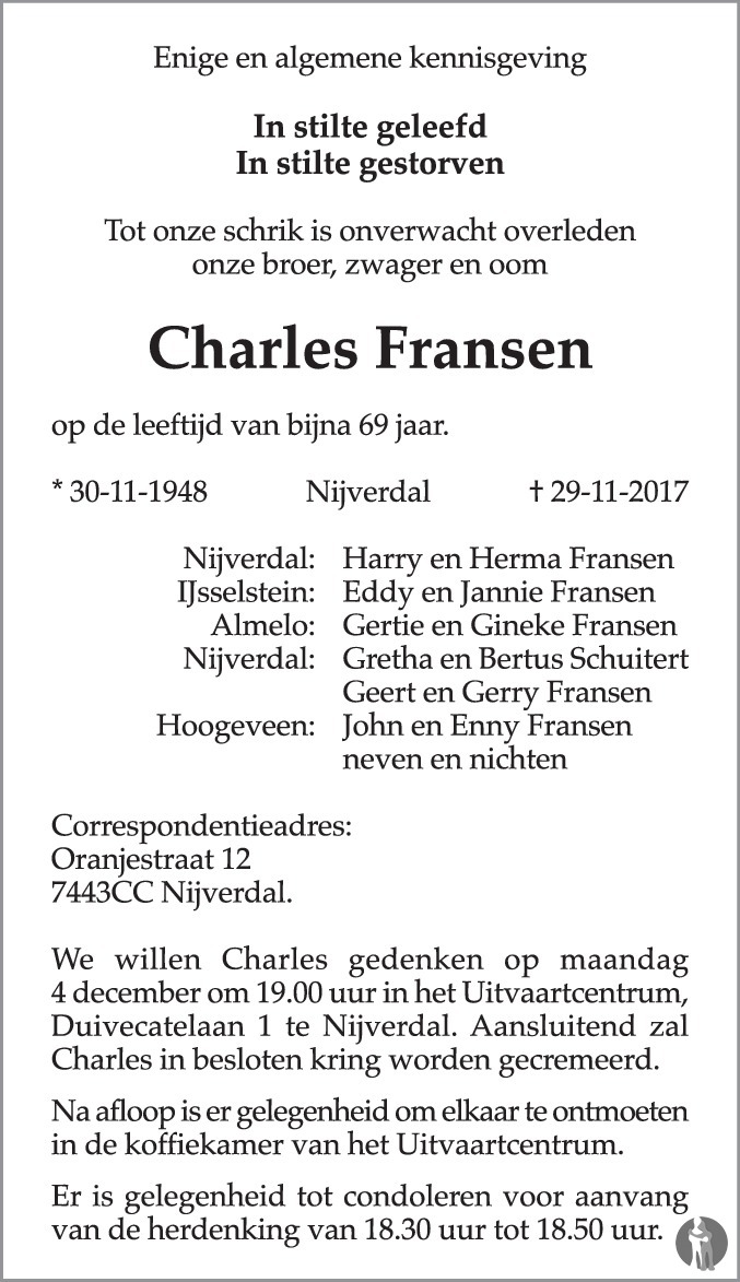 Charles Fransen 29-11-2017 overlijdensbericht en condoleances ...