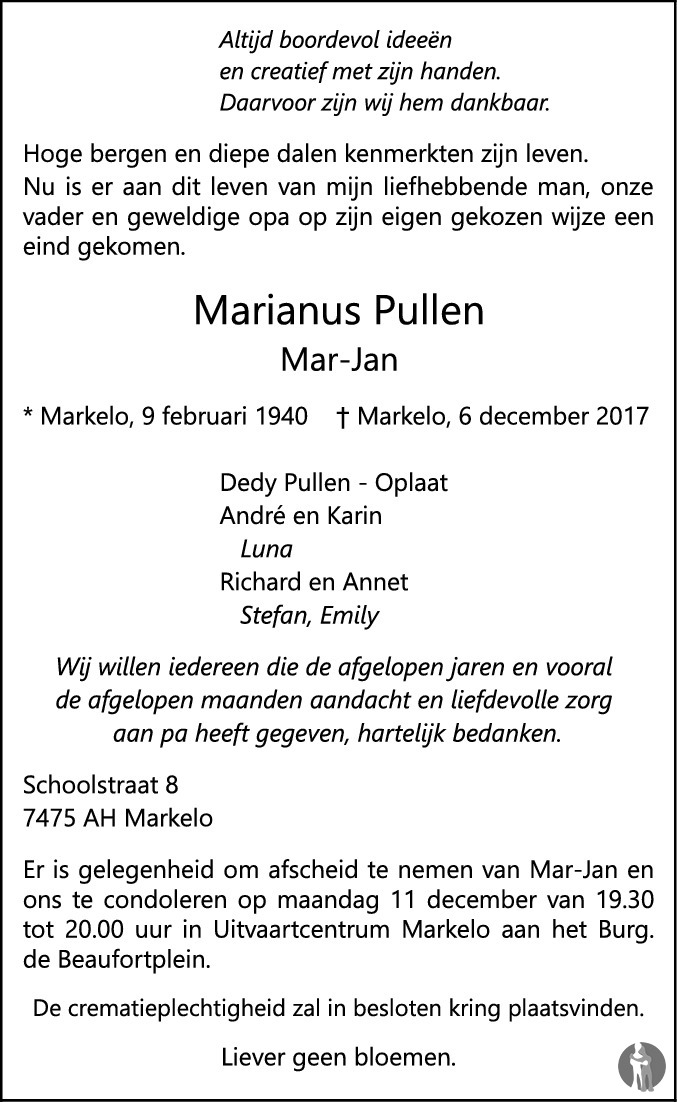 Marianus (Mar-Jan) Pullen 06-12-2017 overlijdensbericht en condoleances ...
