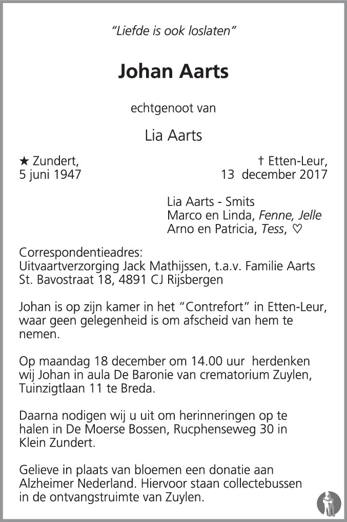 Johan Aarts 13-12-2017 overlijdensbericht en condoleances - Mensenlinq.nl
