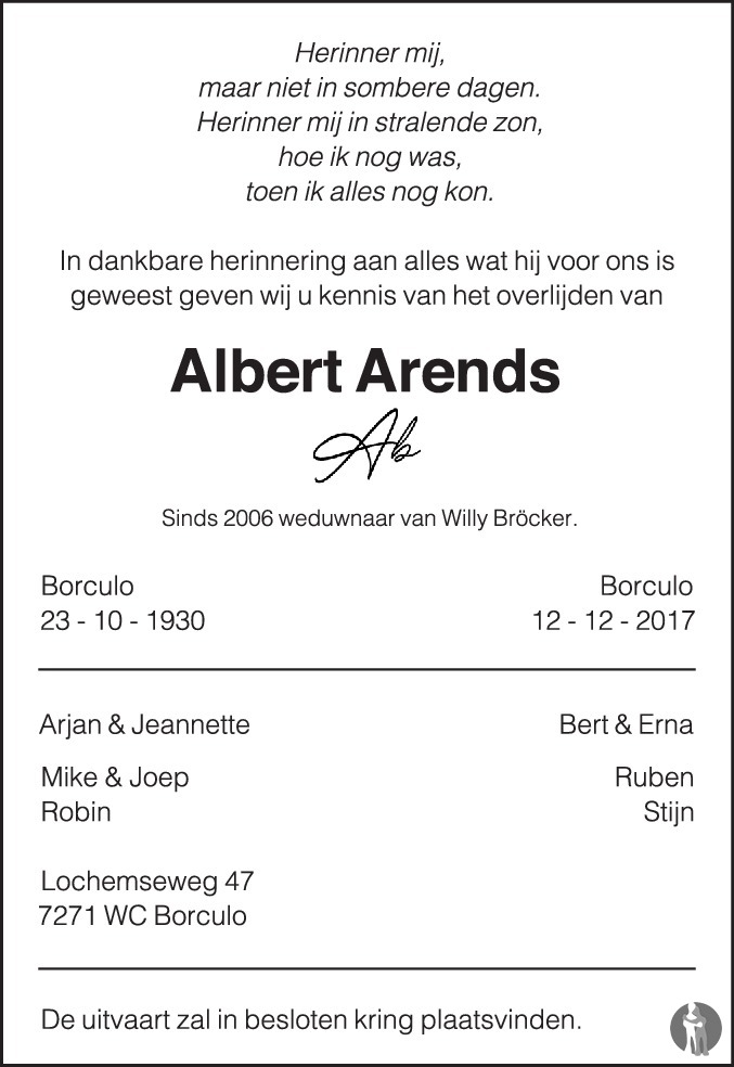 Albert (Ab) Arends 12-12-2017 overlijdensbericht en condoleances ...