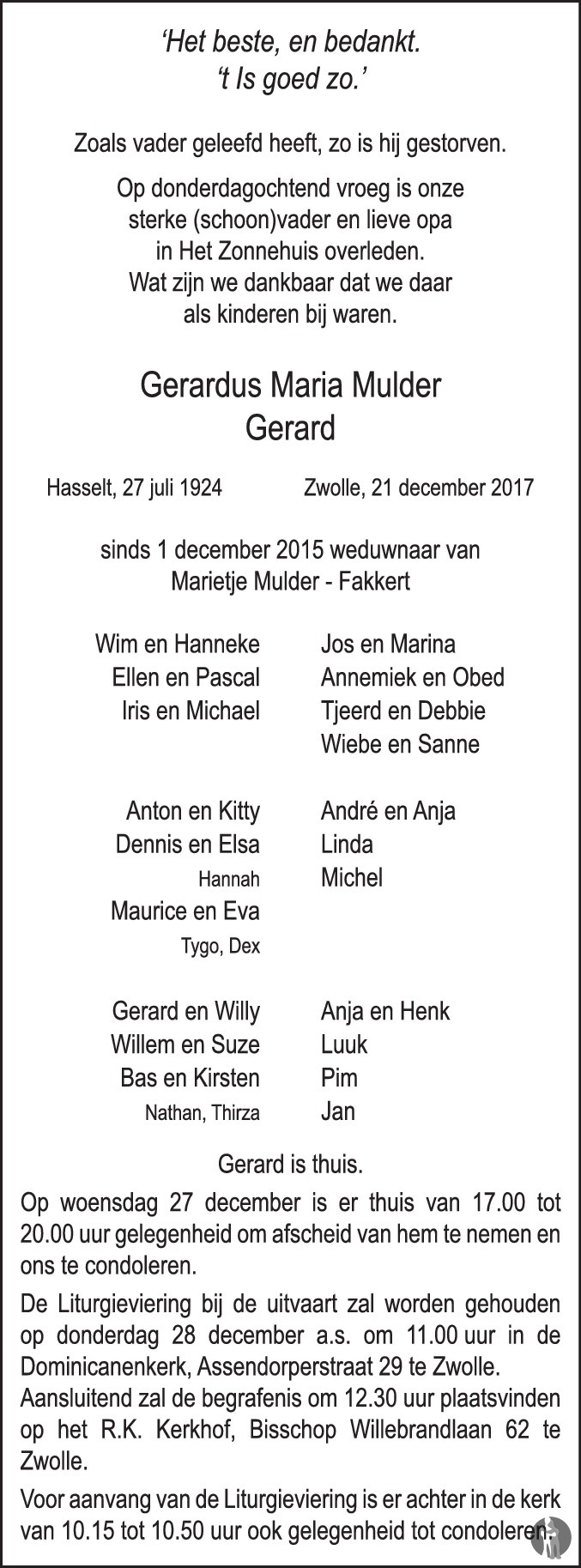 Gerardus Maria (Gerard) Mulder 21-12-2017 overlijdensbericht en ...