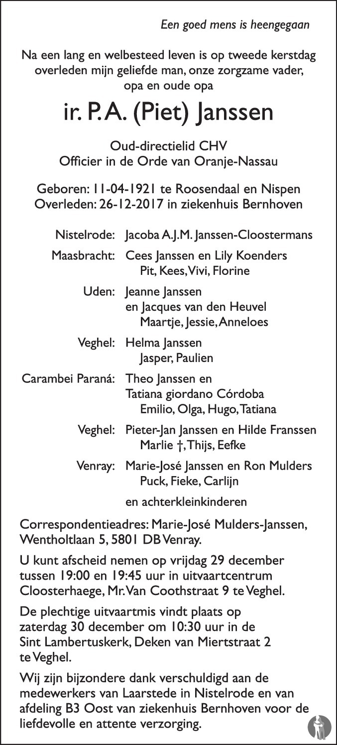 ir. P.A. (Piet) Janssen 26-12-2017 overlijdensbericht en condoleances ...