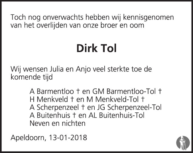 Dirk Tol 13-01-2018 overlijdensbericht en condoleances - Mensenlinq.nl