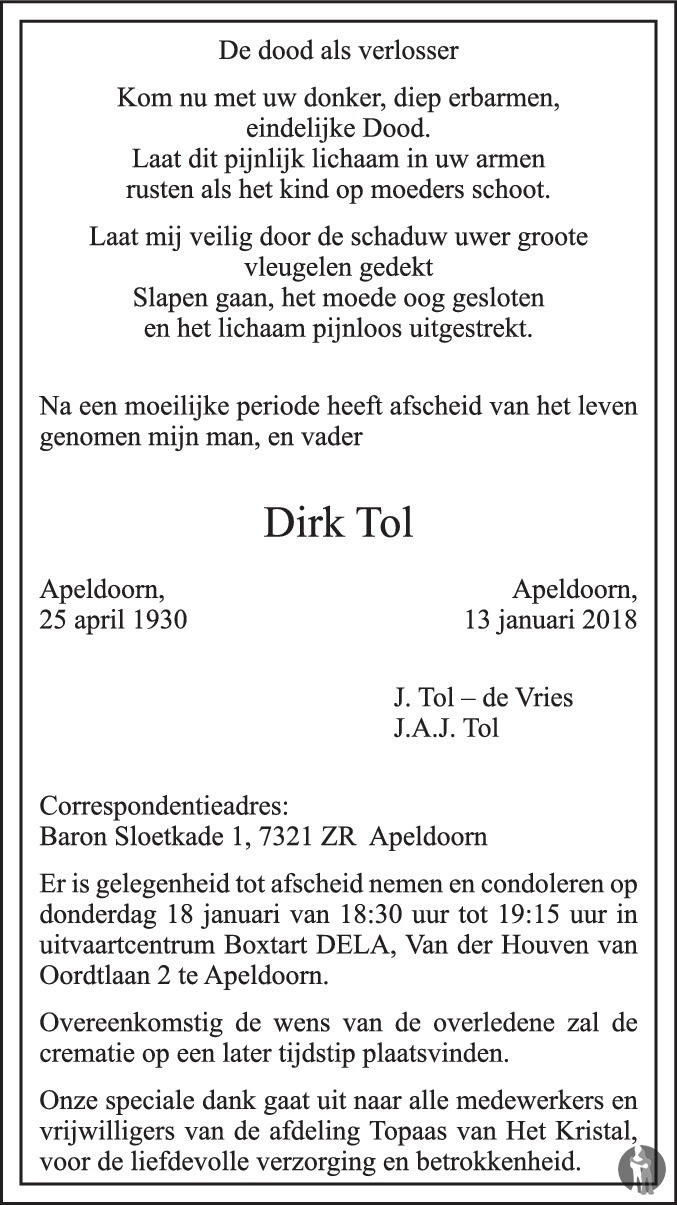 Dirk Tol 13-01-2018 overlijdensbericht en condoleances - Mensenlinq.nl