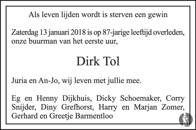 Dirk Tol 13-01-2018 overlijdensbericht en condoleances - Mensenlinq.nl