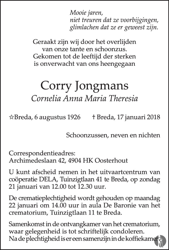 Cornelia Anna Maria Theresia (Corry) Jongmans 17-01-2018 ...