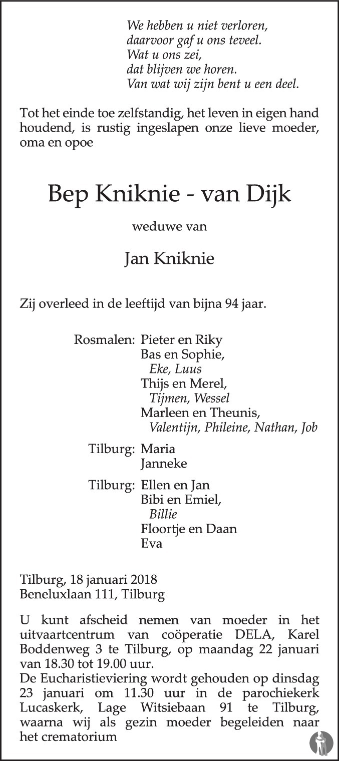 Bep Kniknie - van Dijk 18-01-2018 overlijdensbericht en condoleances ...