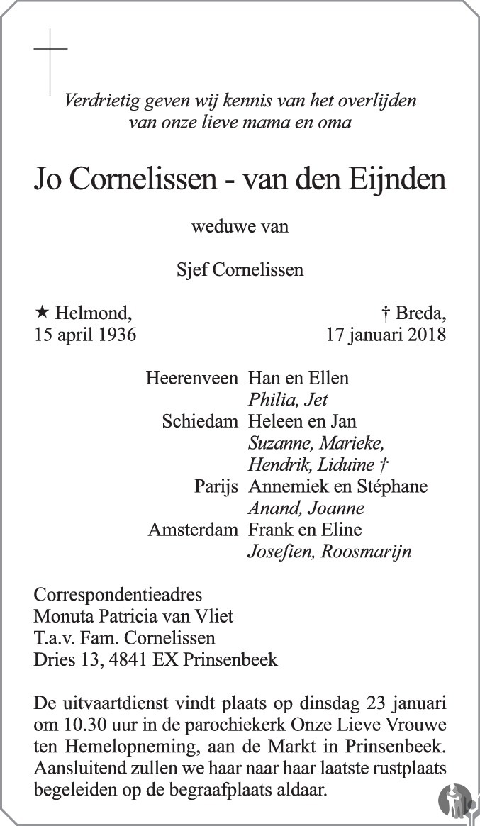 Jo Cornelissen - van den Eijnden 17-01-2018 overlijdensbericht en condoleances - Mensenlinq.nl