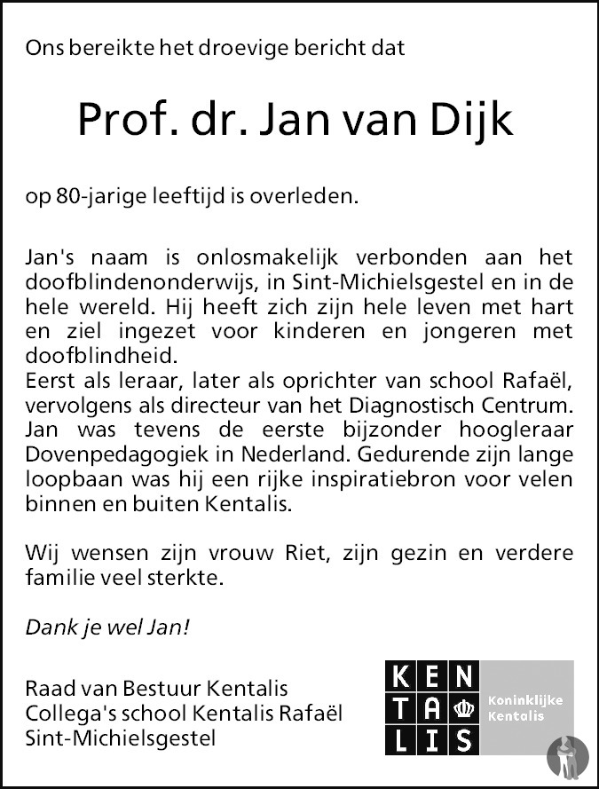 Prof. dr. Jan van Dijk 23-01-2018 overlijdensbericht en condoleances - Mensenlinq.nl
