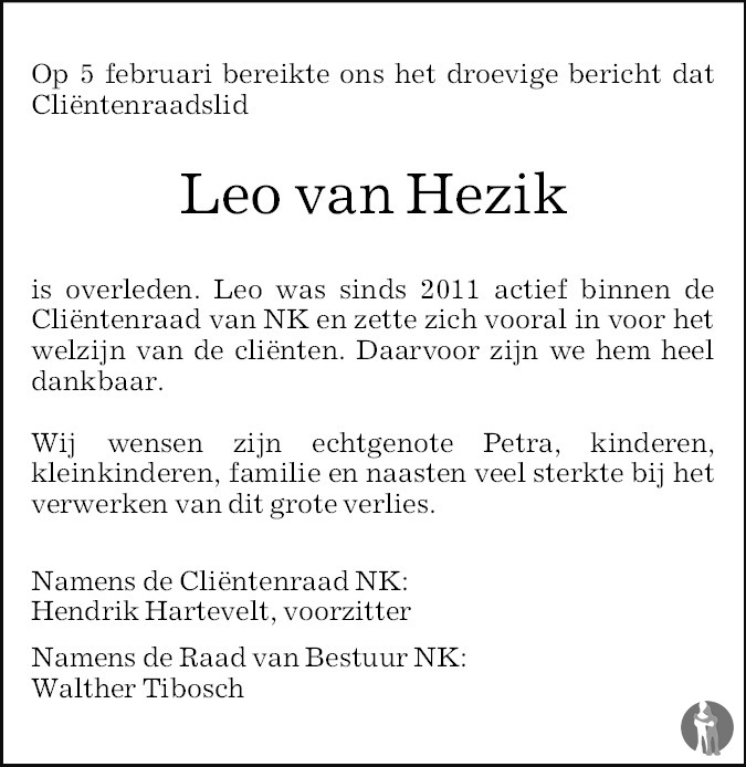 Leo van Hezik 05-02-2018 overlijdensbericht en condoleances - Mensenlinq.nl