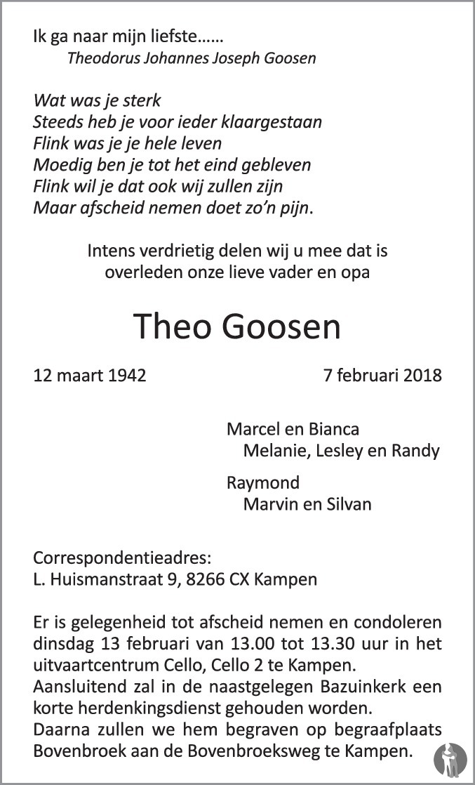 Theo Goosen 07-02-2018 overlijdensbericht en condoleances - Mensenlinq.nl
