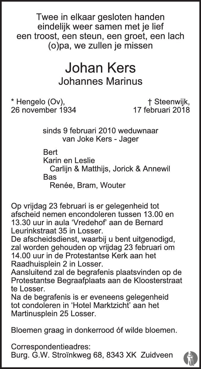 Johannes Marinus (Johan) Kers 17-02-2018 overlijdensbericht en ...