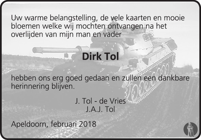 Dirk Tol 13-01-2018 overlijdensbericht en condoleances - Mensenlinq.nl