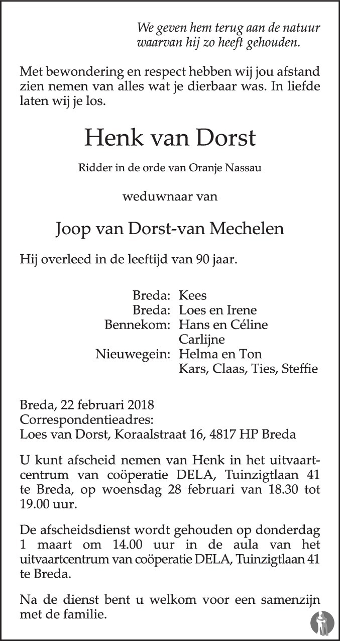 Henk van Dorst 22-02-2018 overlijdensbericht en condoleances ...