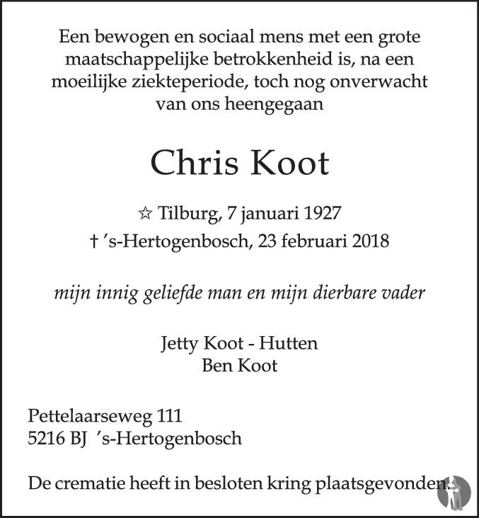 Chris Koot 23-02-2018 overlijdensbericht en condoleances - Mensenlinq.nl