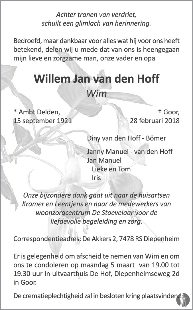 Willem Jan (Wim) van den Hoff 28-02-2018 overlijdensbericht en ...