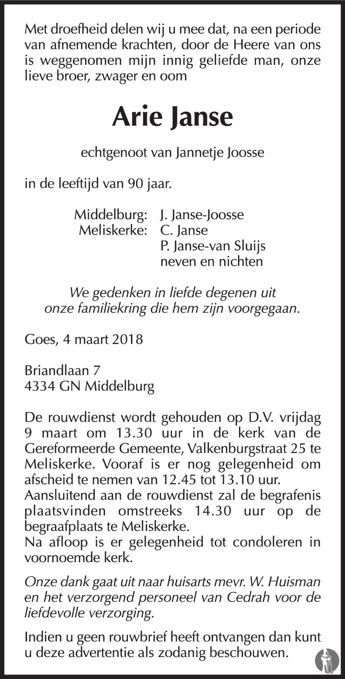 Arie Janse 04-03-2018 overlijdensbericht en condoleances - Mensenlinq.nl