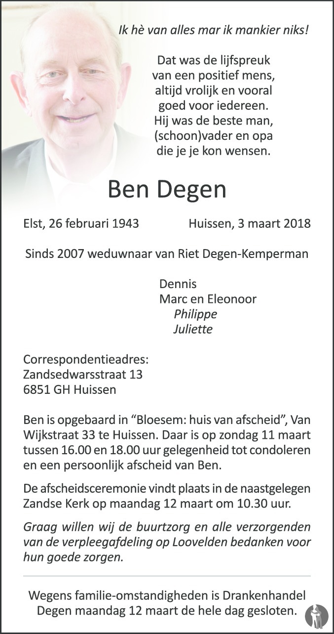 Ben Degen 03-03-2018 overlijdensbericht en condoleances - Mensenlinq.nl
