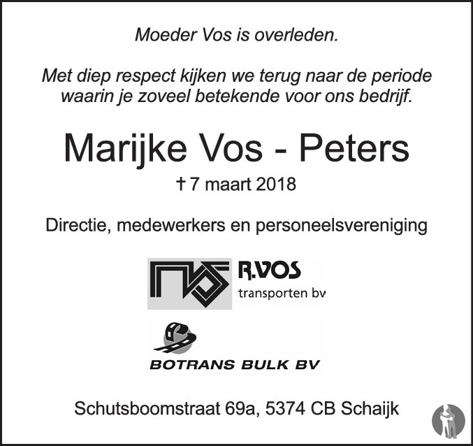 Marijke Vos - Peters 07-03-2018 overlijdensbericht en condoleances ...