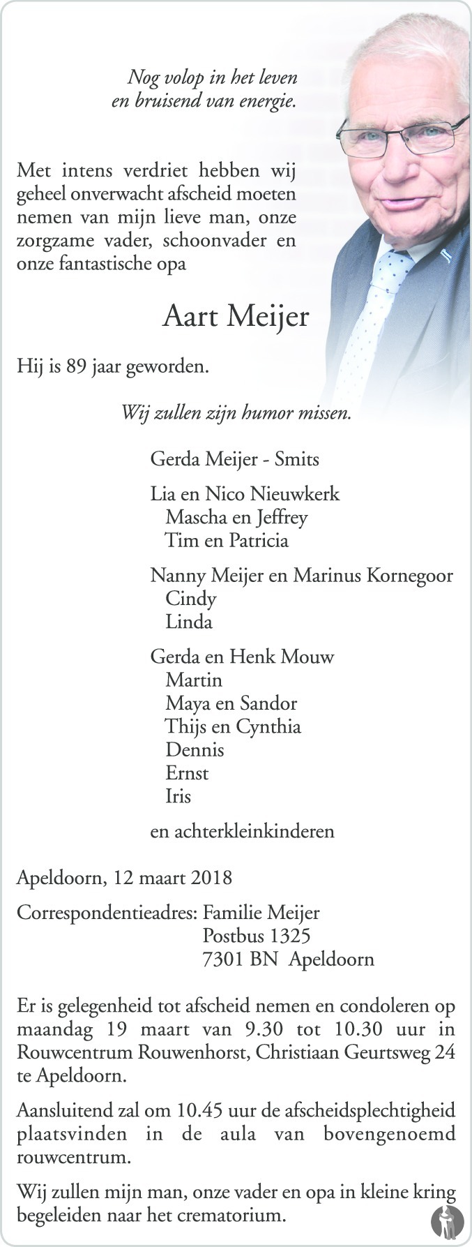 Aart Meijer 12-03-2018 overlijdensbericht en condoleances - Mensenlinq.nl